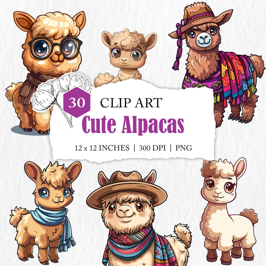 Kawaii Alpaca Clip Art, Alpaca Graphic Elements, Alpaca PNG Images ...