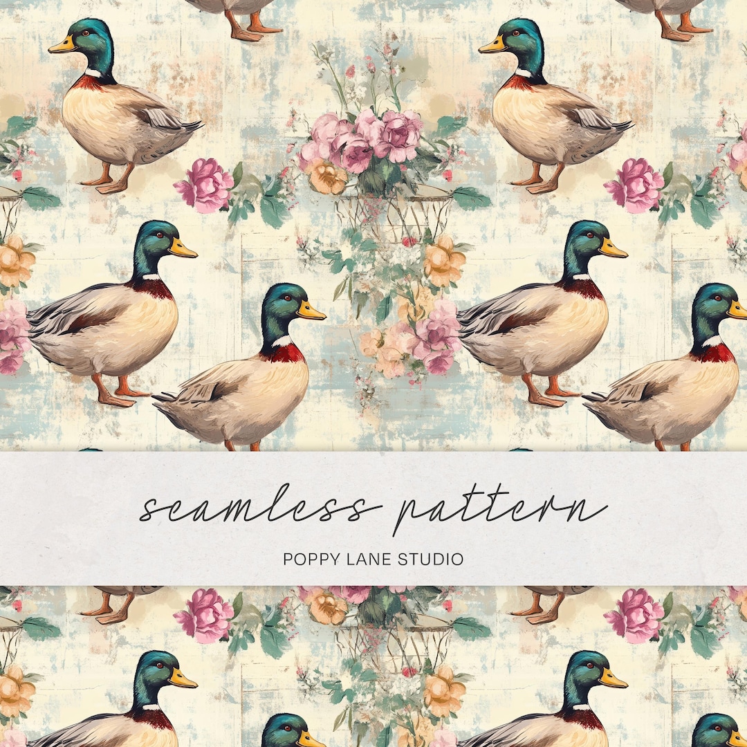 Shabby Chic Duck Background, Mallard Duck Seamless Pattern, Vintage ...