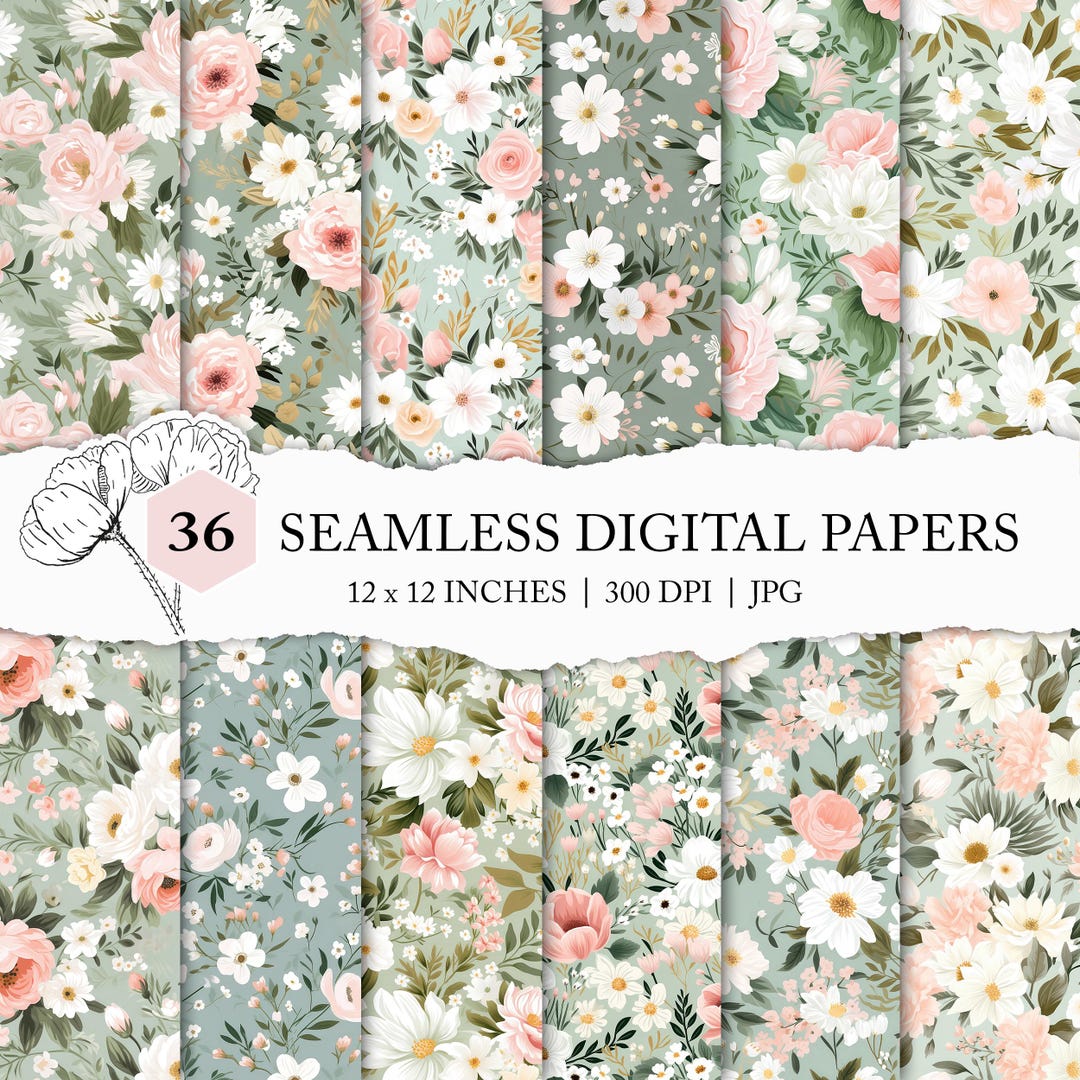 Sage Green and Pink Floral Background, Cute Pink Flower Seamless ...