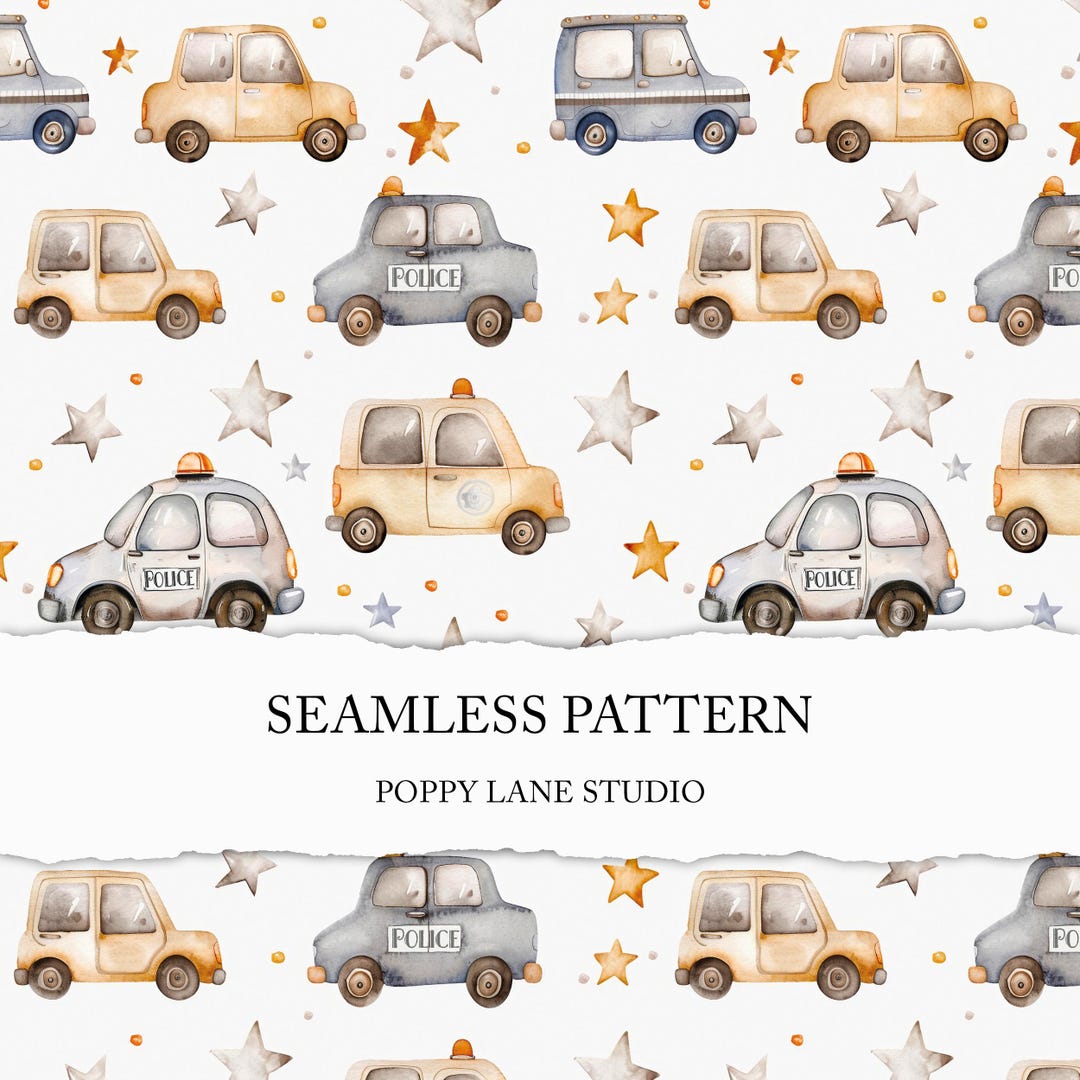 Car Seamless Pattern, Watercolour Police Car Pattern, Seamless Car ...