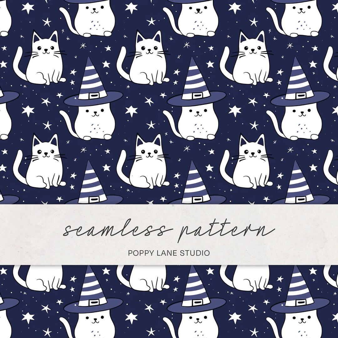 Cute Magical Cat Seamless Pattern, Seamless Blue Cat Pattern, Magical ...