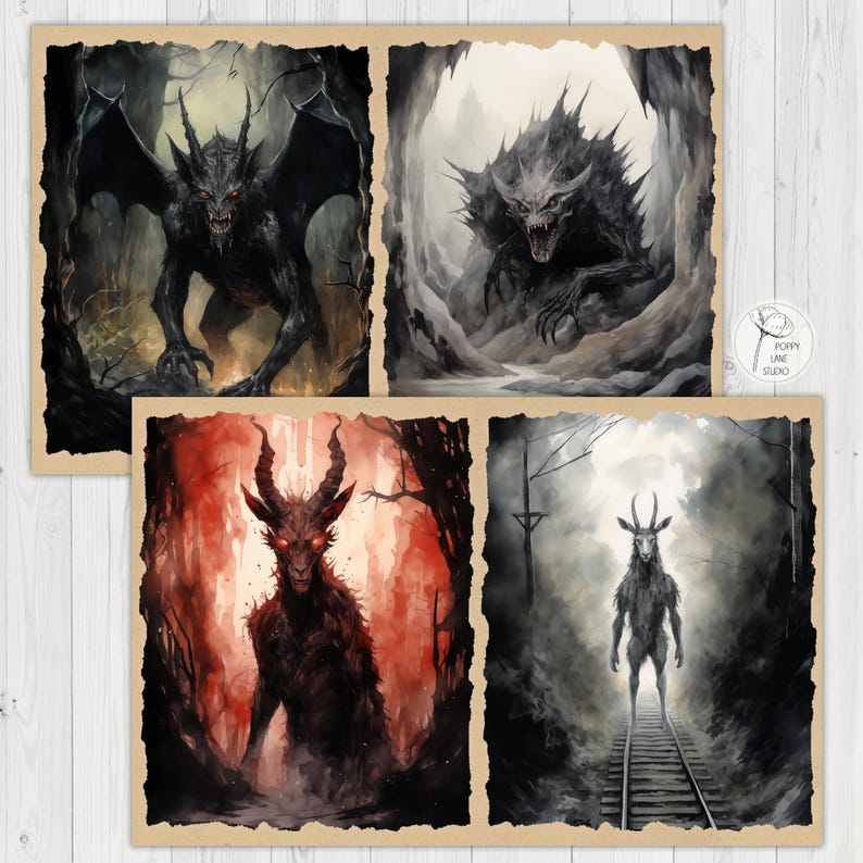 Cryptid Printable Pages, Mythical Creature Digital Paper, Scary ...