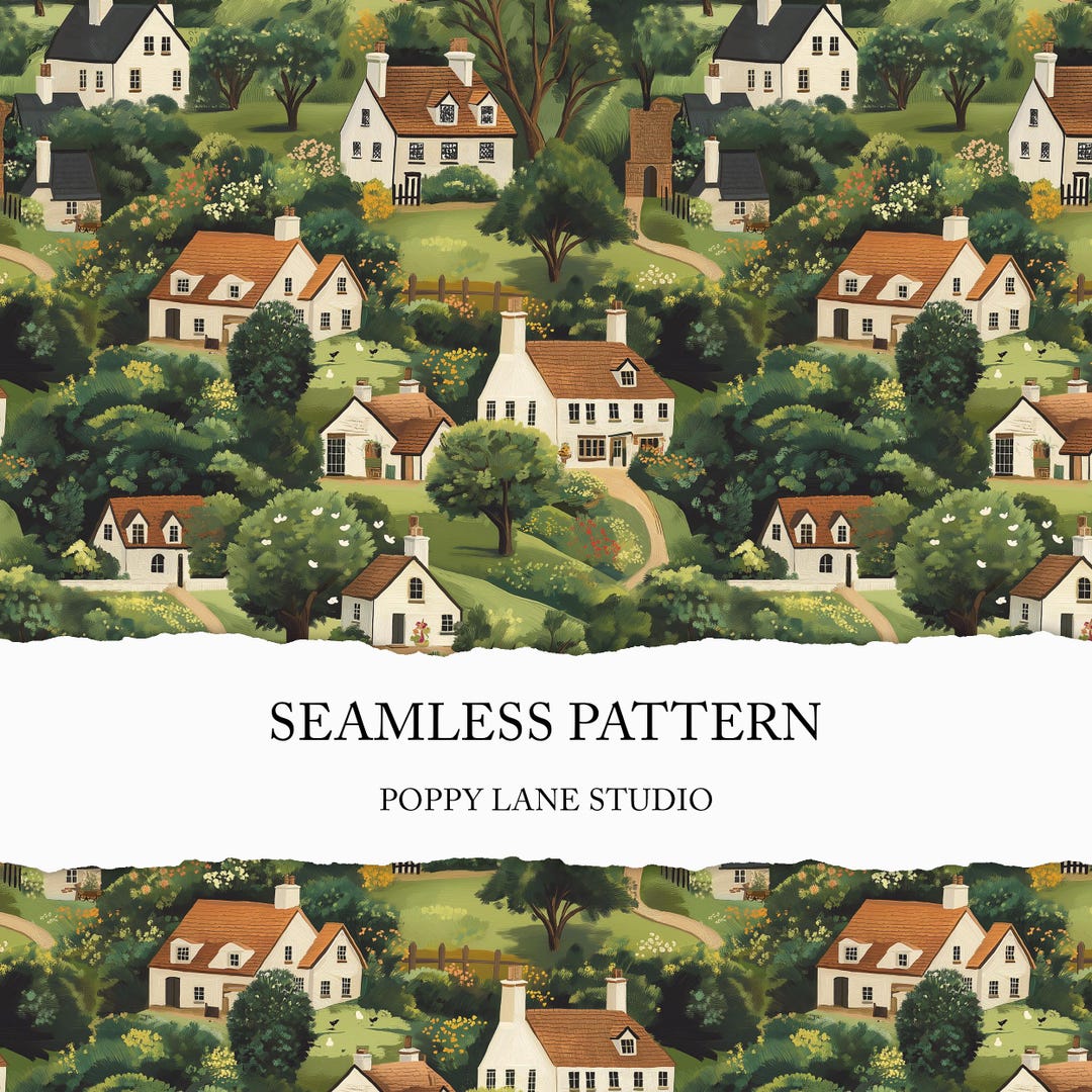 Seamless Landscape Pattern, Village Seamless Background, Cute Town ...