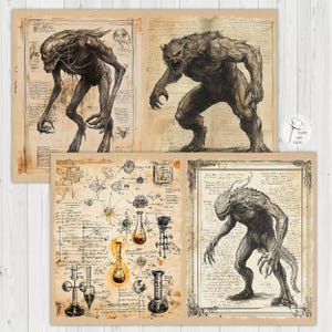 Cryptid Sketches, Mythical Creature Junk Journal, Monster Digital Paper ...