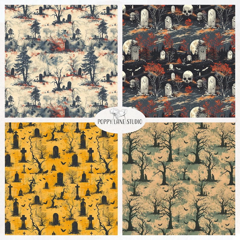 Seamless Haunted Cemetery Pattern, Graveyard Seamless Background ...