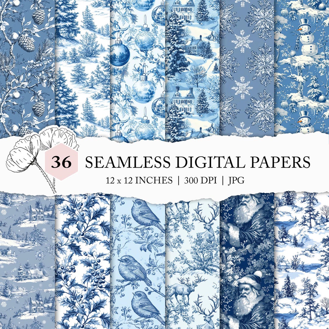 Christmas Toile De Jouy, Blue Christmas Digital Paper, Vintage ...
