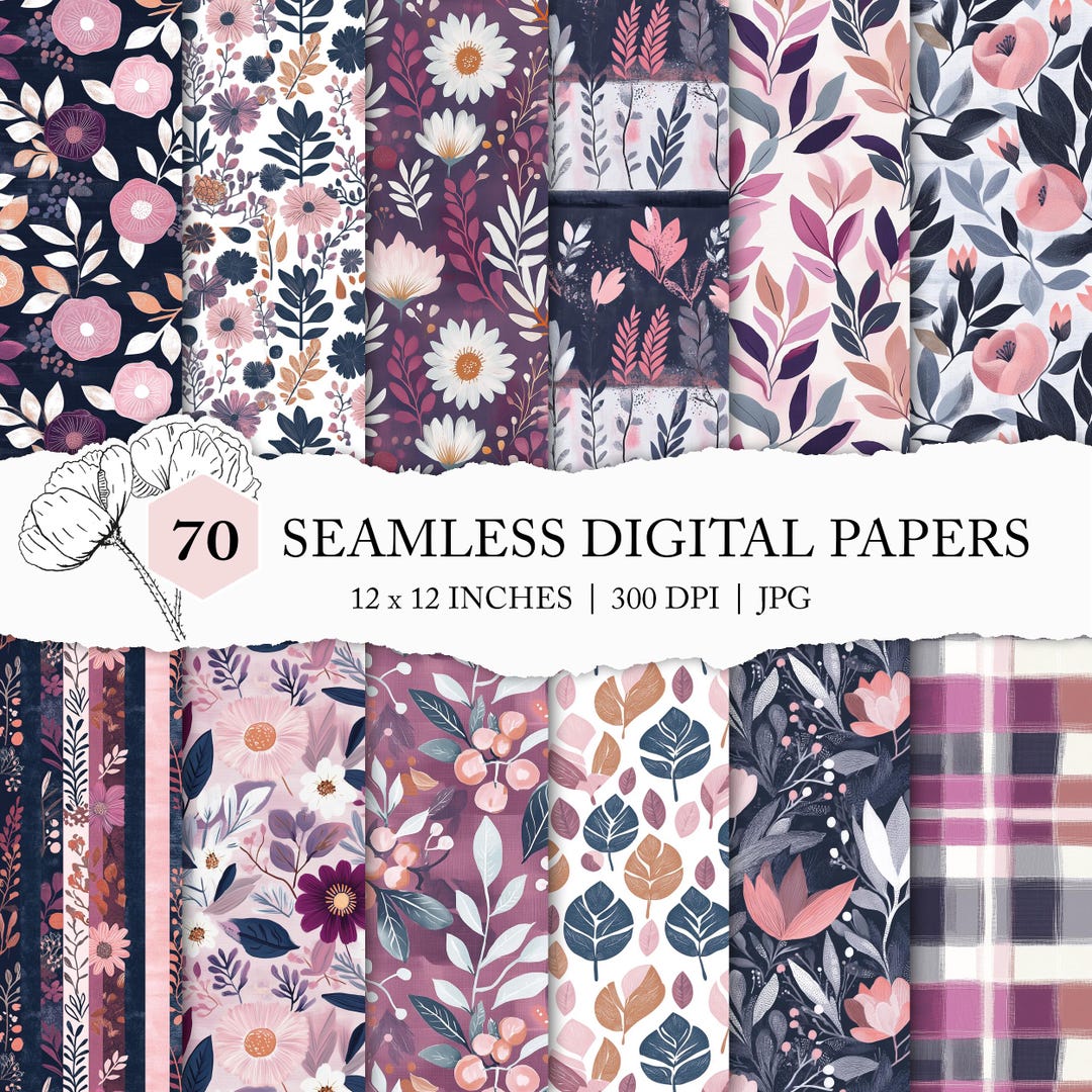 Purple Boho Flower Pattern, Seamless Bohemian Floral Background, Purple ...