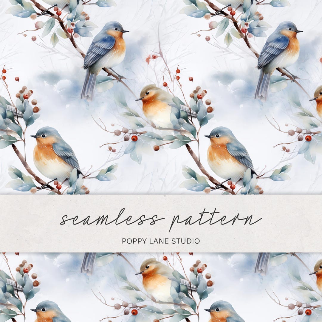 Seamless Robin Pattern, Watercolour Winter Robin, Blue Christmas ...