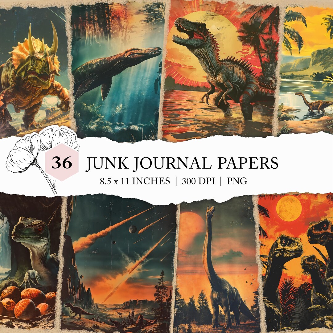 Vintage Dinosaur Digital Paper, Distressed Jurassic Junk Journal, Retro ...