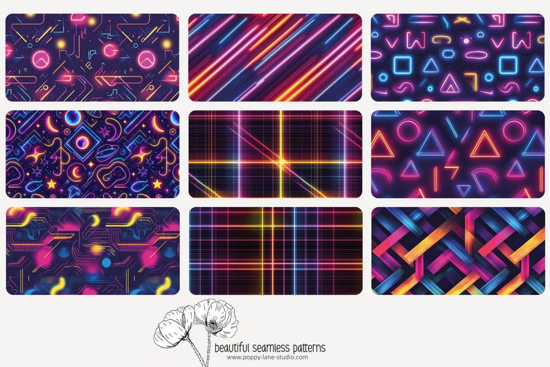 80s Neon Pattern, 1980s Digital Paper Pack, Neon Light Printable Paper ...