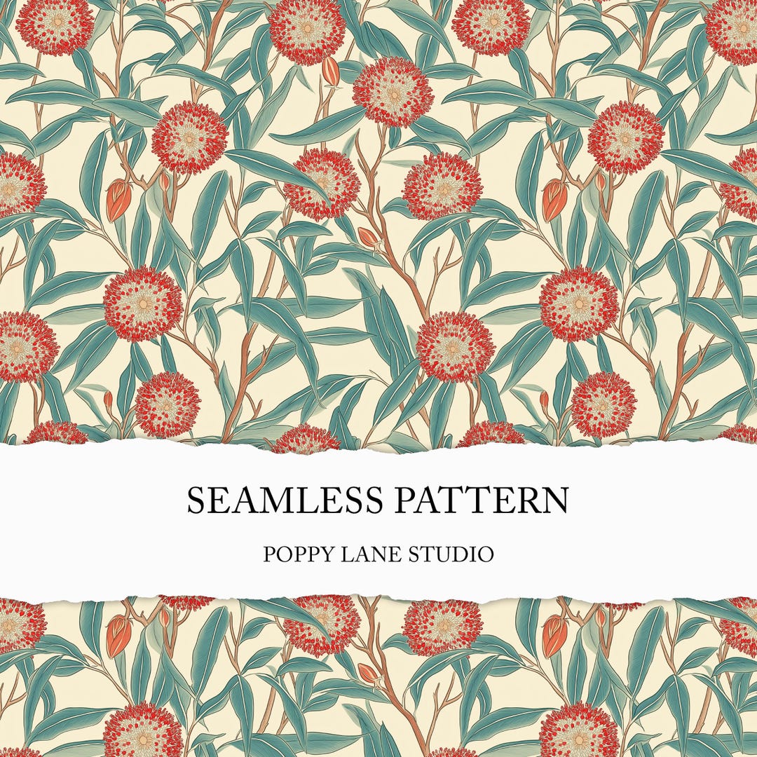 Red Gumtree Blossom Print, Red Floral Digital Background, Vintage ...