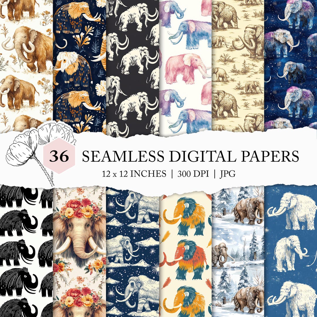 Seamless Mammoth Pattern, Woolly Mammoth Digital Paper, Mammoth ...