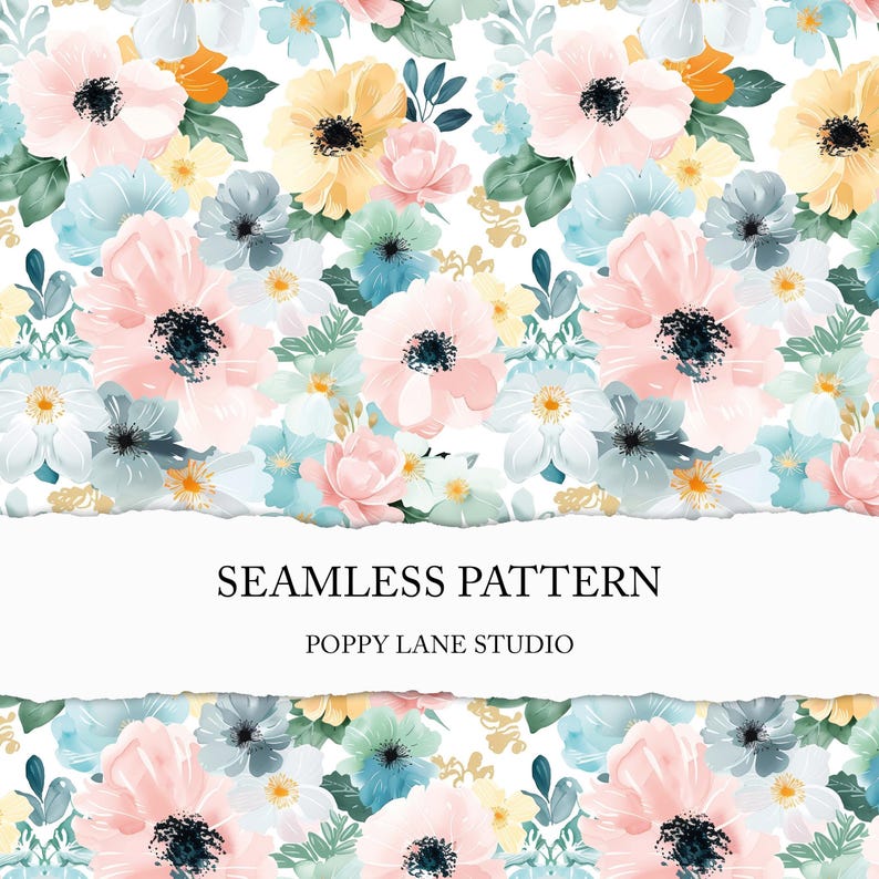 Blush Pink Teal Watercolour Flower Pattern, Watercolour Flower Digital ...