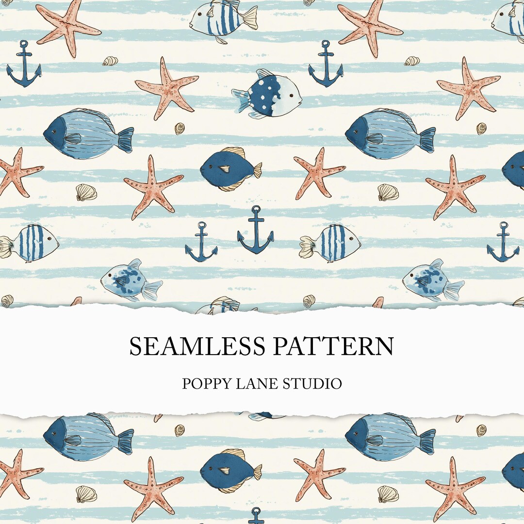 Nautical Doodle Background, Seamless Fish Pattern, Maritime Digital ...