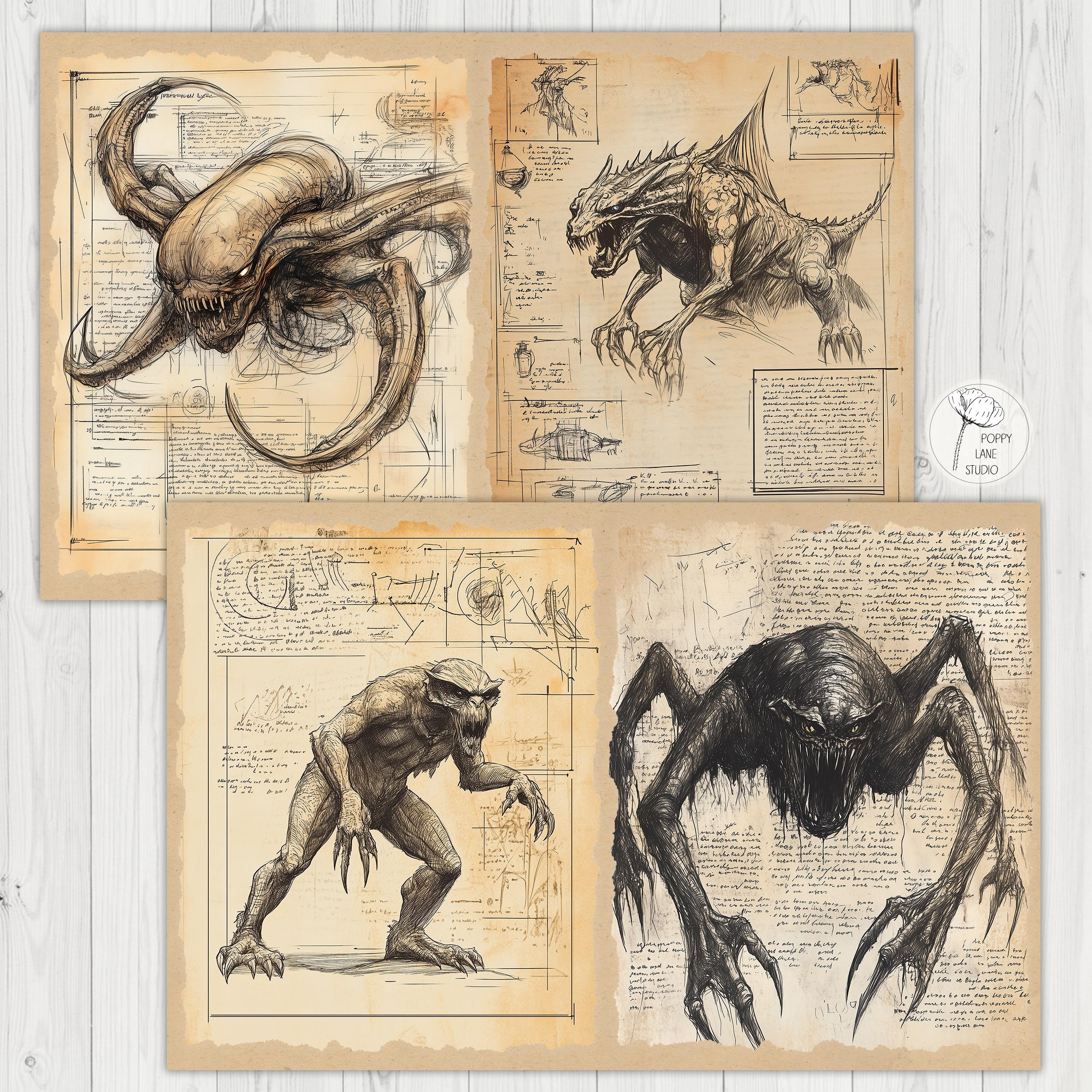 Cryptid Sketches, Mythical Creature Junk Journal, Monster Digital Paper ...