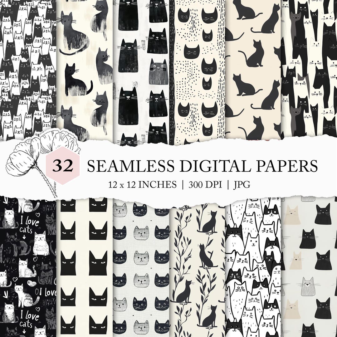 Minimalistic Cat Pattern, Line Art Cat, Monochrome Cat Digital Paper ...