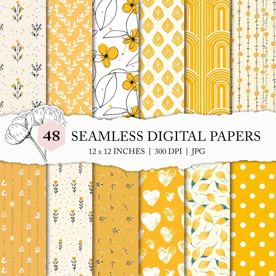 Minimalist Seamless Yellow Pattern, Yellow Digital Paper Pack, Cute ...