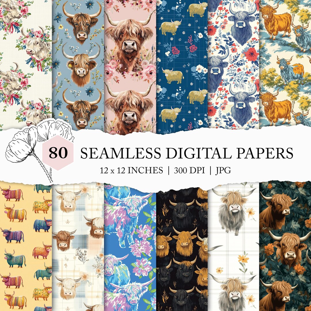 Seamless Highland Cow Pattern, Highland Cow Digital Paper, Bull Ox Beef ...