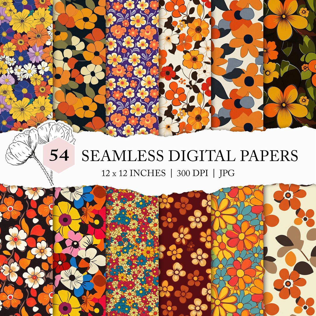 Flower Power Pattern, Flower Power Digital Papers, 1970s Retro Flower ...