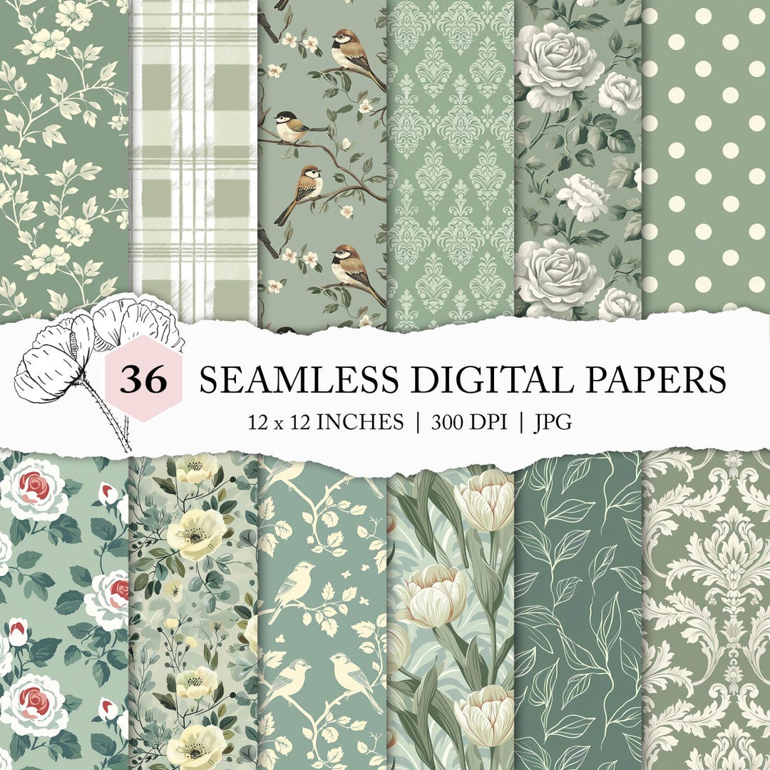 Mixed Sage Green Pattern, Sage Green Digital Paper, Olive Green ...