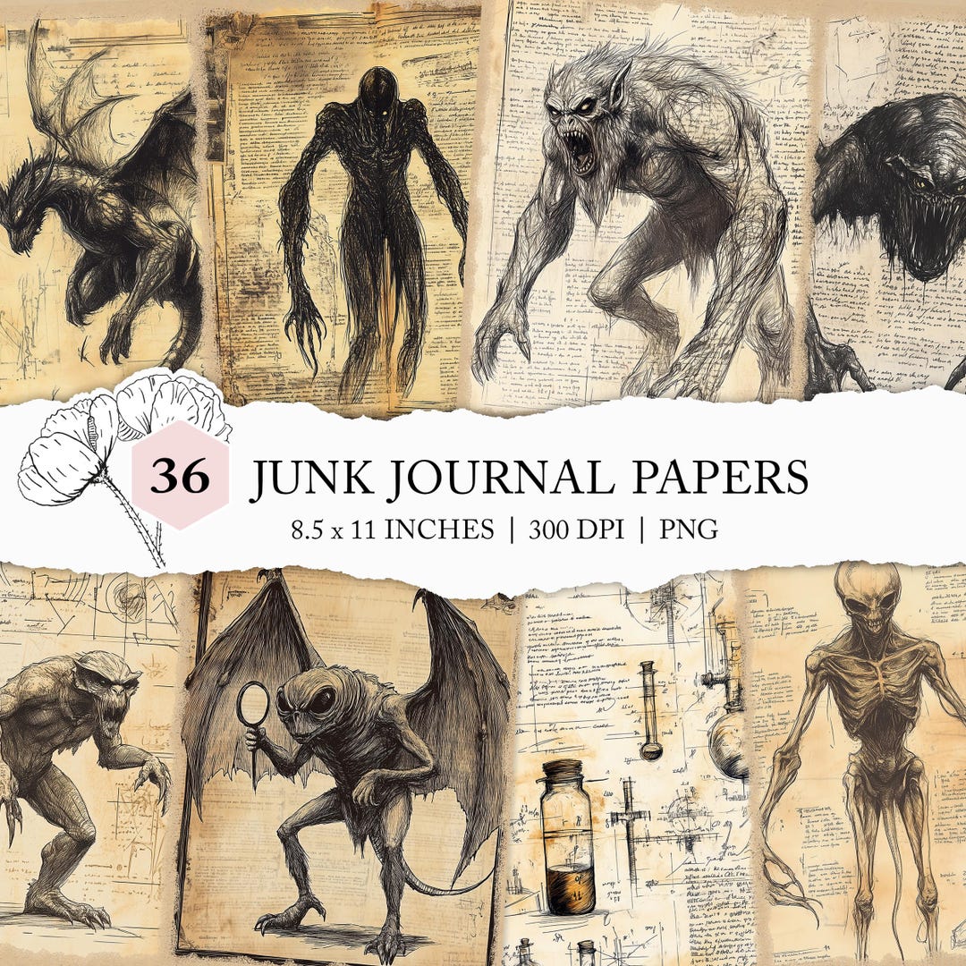 Cryptid Sketches, Mythical Creature Junk Journal, Monster Digital Paper ...