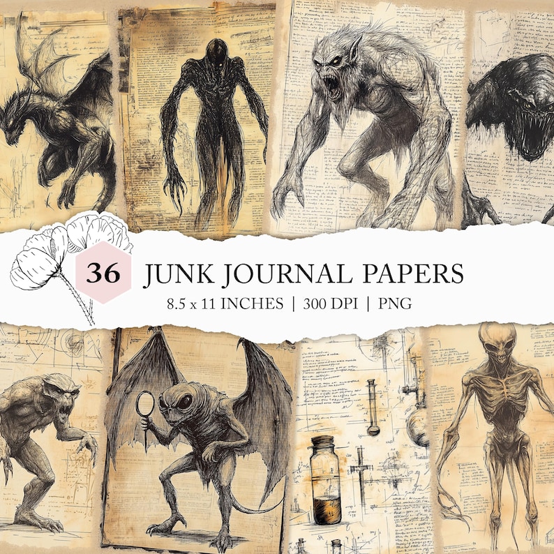 Cryptid Sketches, Mythical Creature Junk Journal, Monster Digital Paper ...