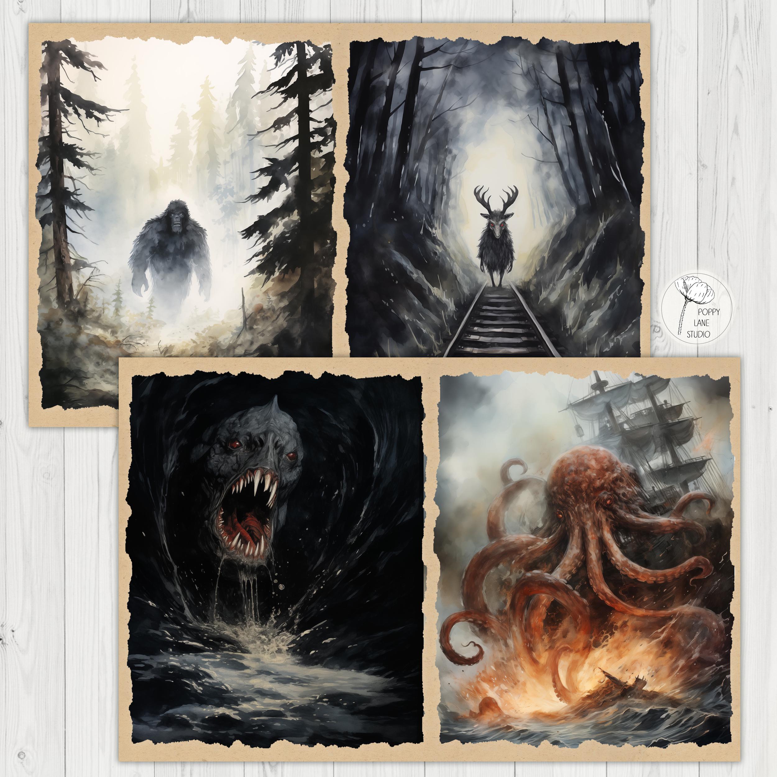 Cryptid Printable Pages, Mythical Creature Digital Paper, Scary ...