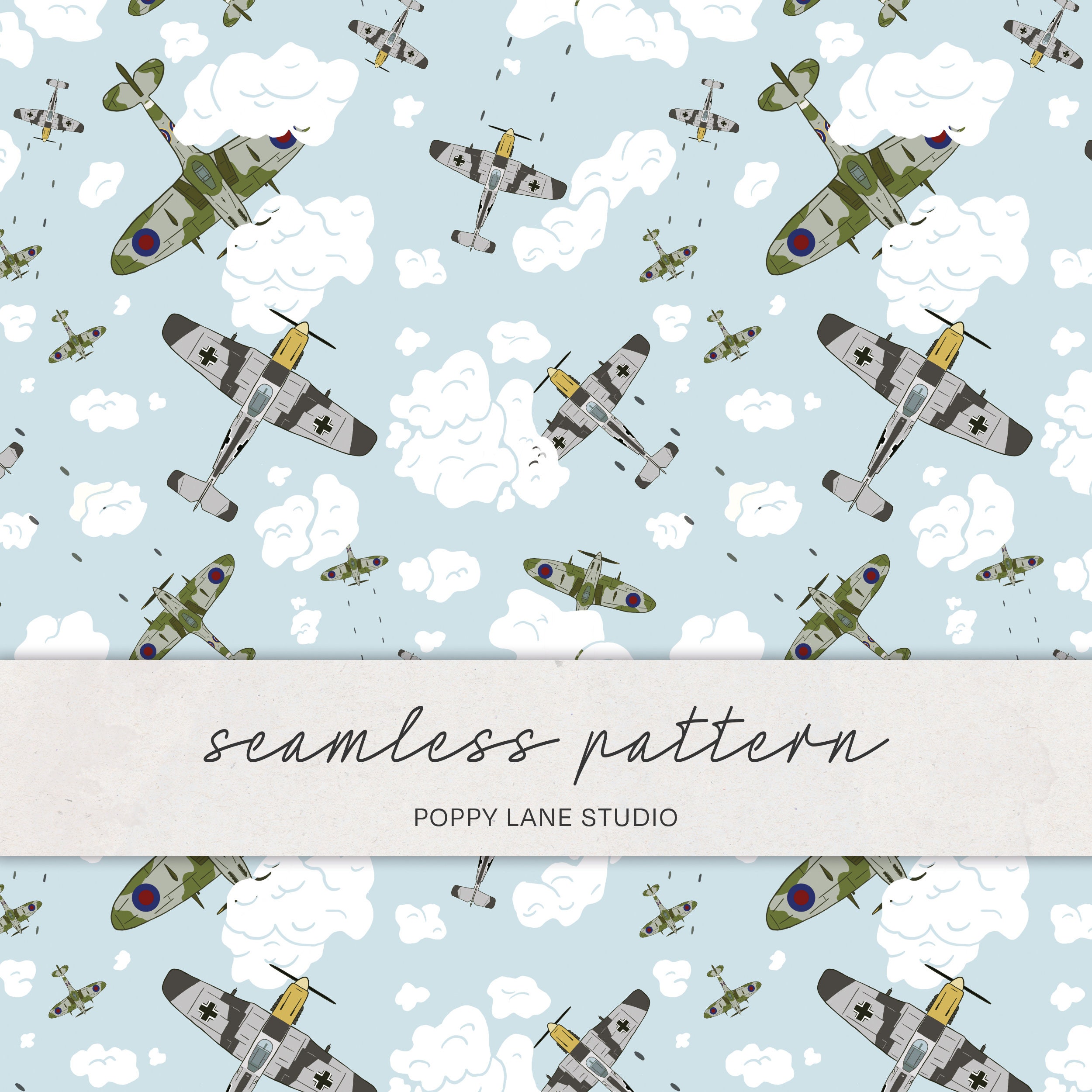 WW2 Plane Fight Pattern, Fighter Plane Seamless Pattern, WWII, World ...