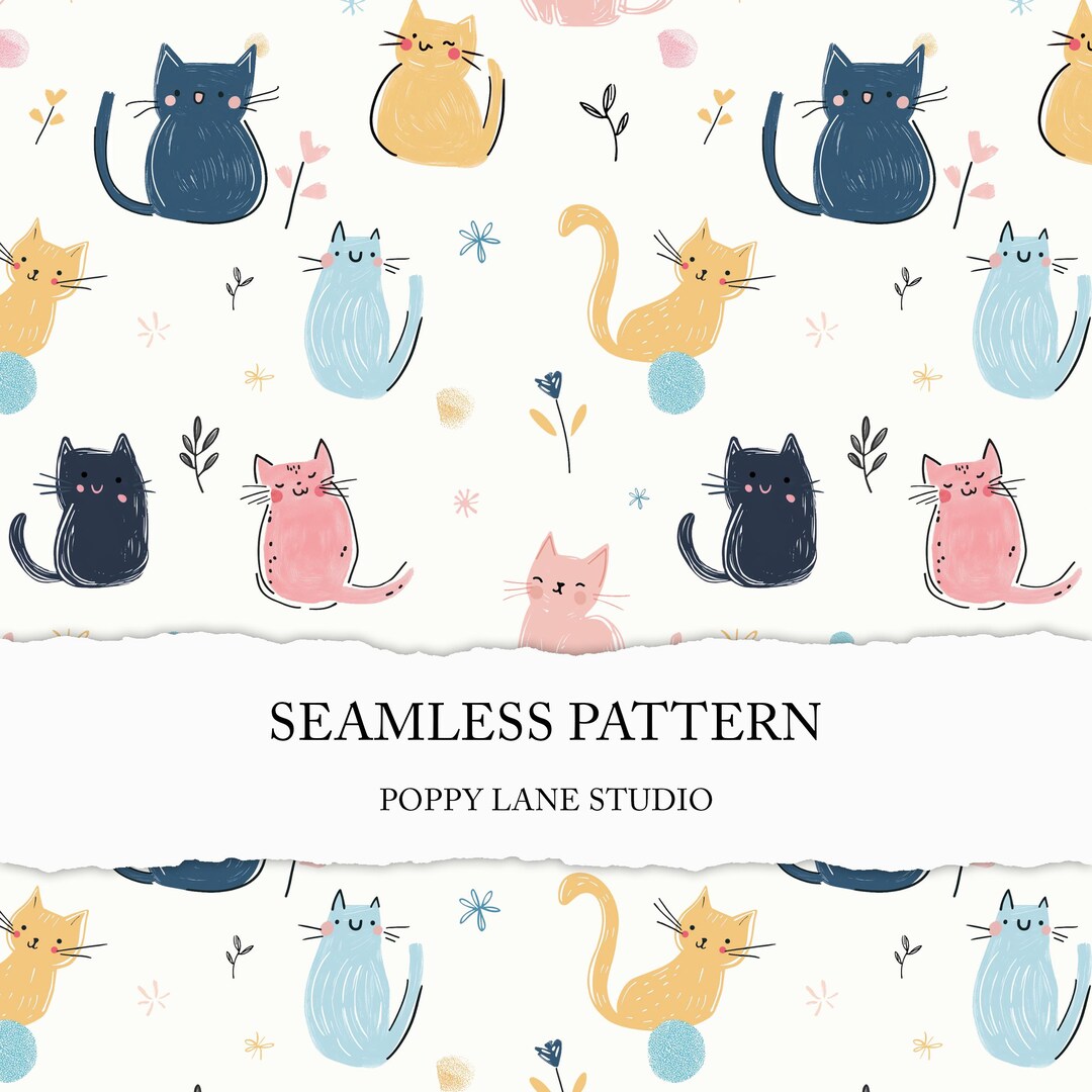 Colourful Cat Pattern, Happy Cat Background, Minimalist Cat Seamless ...
