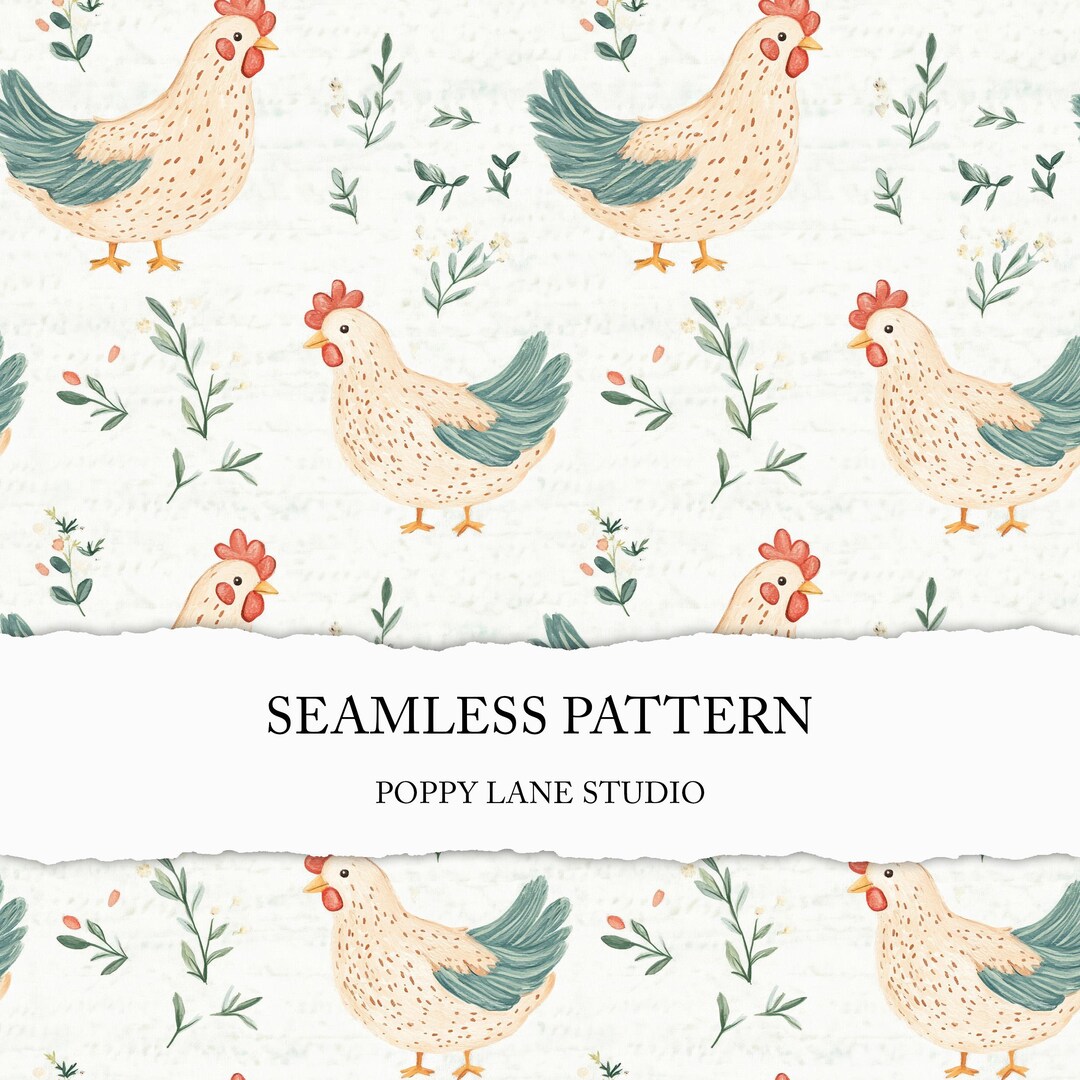 Teal and Cream Cottage Chicken Seamless Pattern, Seamless Cottagecore ...