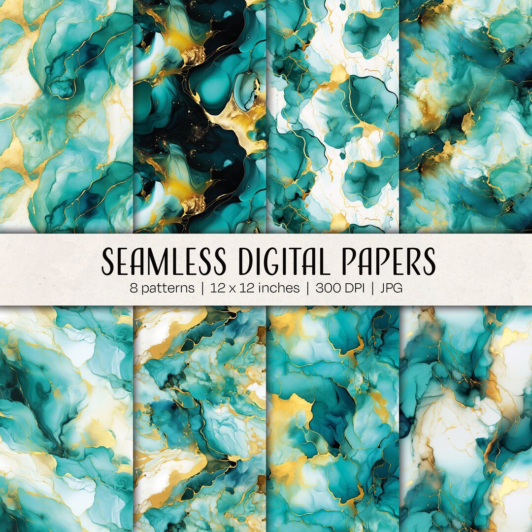 Abstract Teal Seamless Pattern, Teal Alcohol Ink Background, Teal Gold ...
