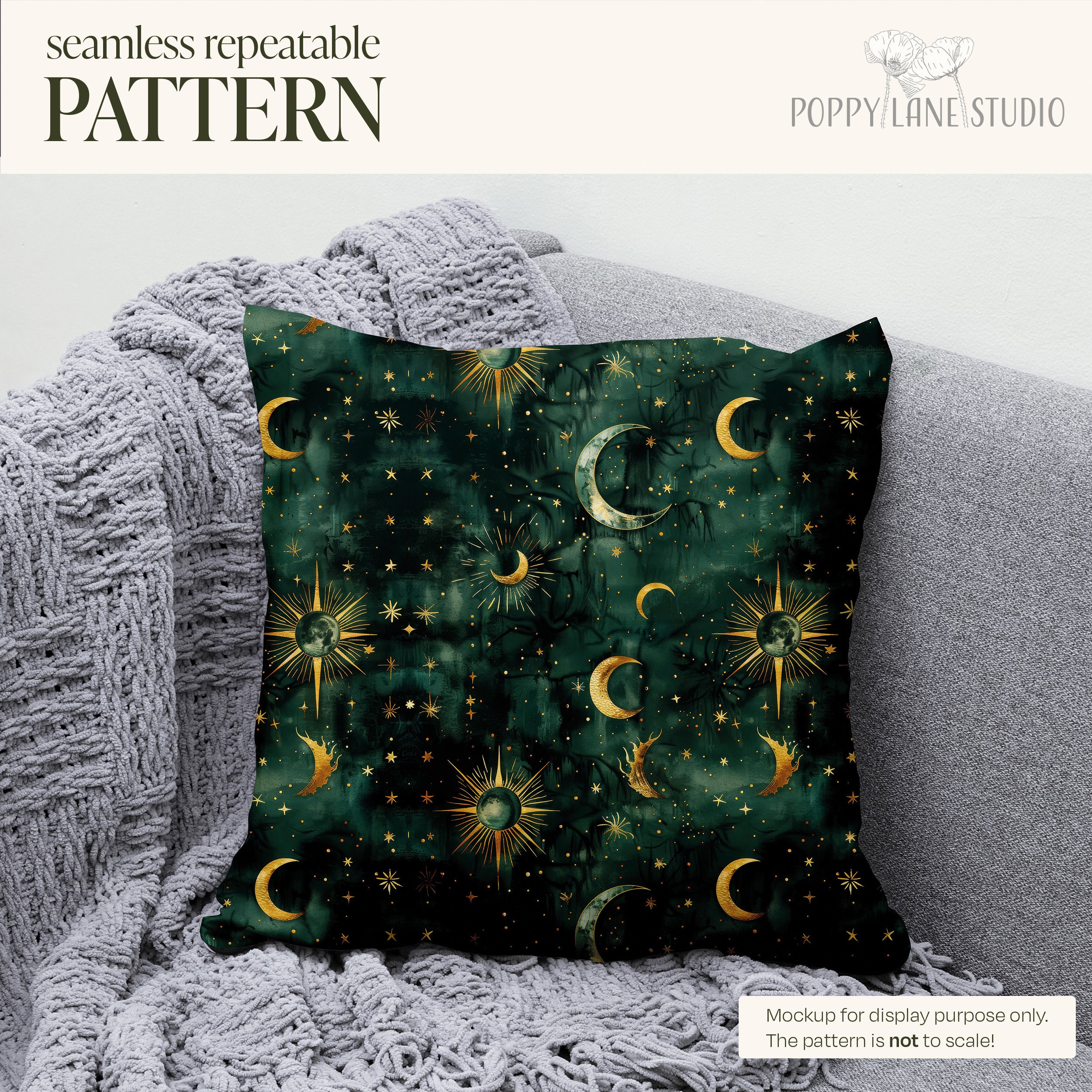 Astral Pattern, Astral Paper, Dark Green Gold Moon Stars Sun Galaxy ...