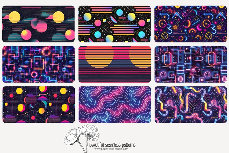 80s Neon Pattern, 1980s Digital Paper Pack, Neon Light Printable Paper ...