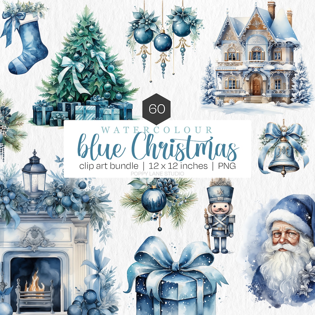 Watercolour Christmas Clipart, Blue Christmas Graphics, PNG Files ...