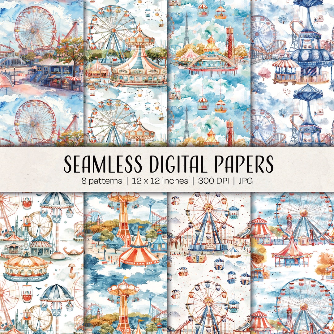 Watercolour Fair Pattern, Amusement Park Digital Paper, Coney Island ...