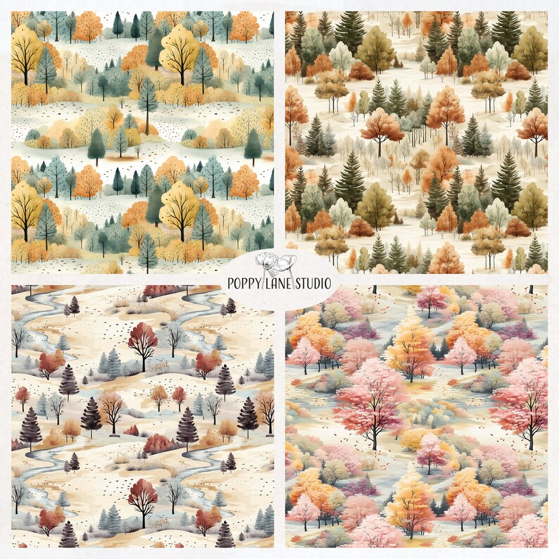Four Seasons Digital Paper, Watercolour Season Landscape Pattern ...