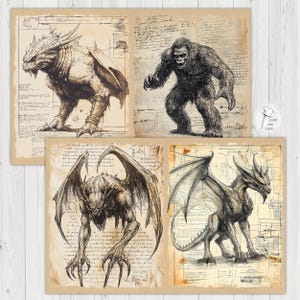 Cryptid Sketches, Mythical Creature Junk Journal, Monster Digital Paper ...