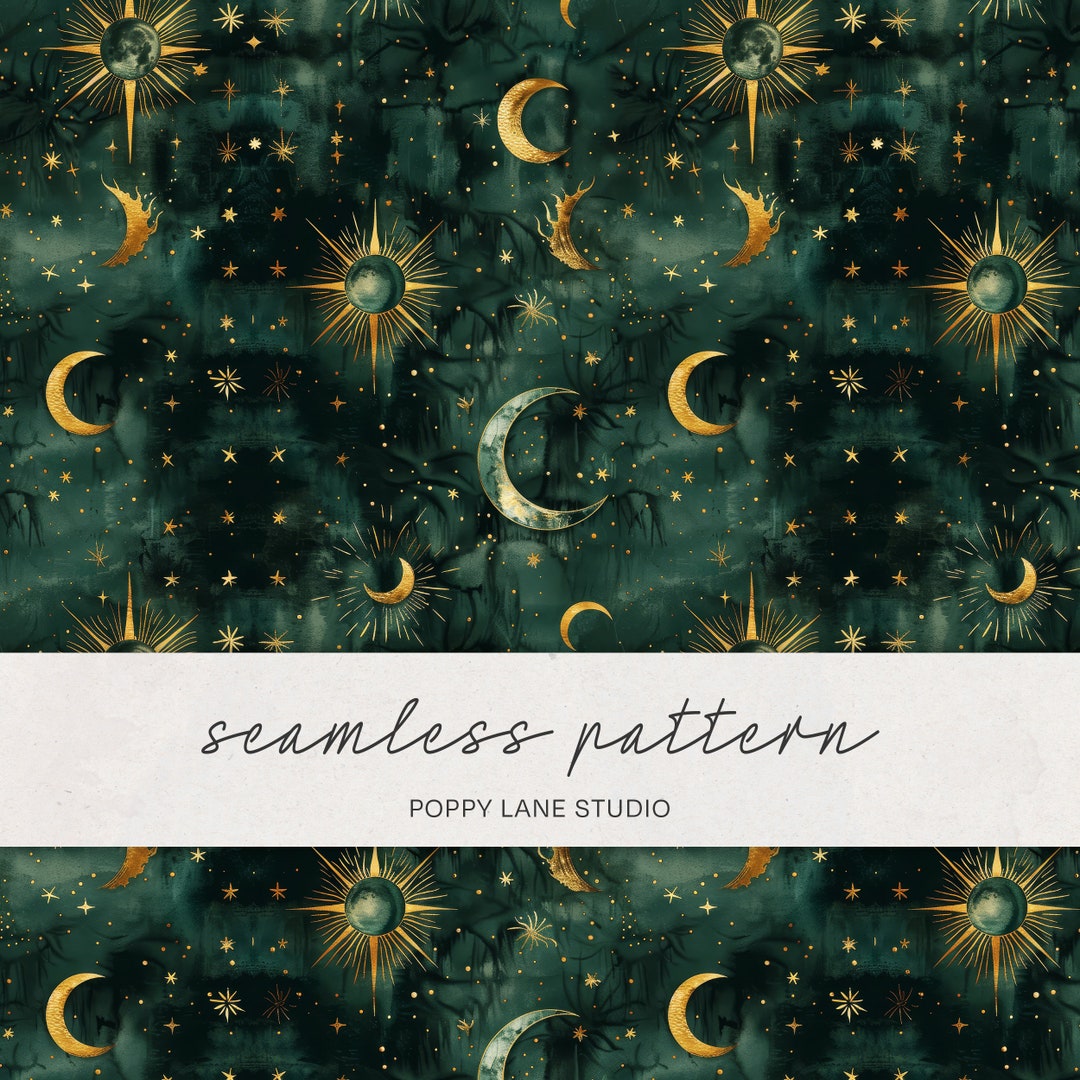 Astral Pattern, Astral Paper, Dark Green Gold Moon Stars Sun Galaxy ...