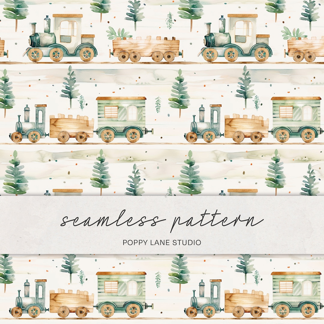 Watercolour Train Pattern, Cute Toy Train Seamless Background, Wooden ...