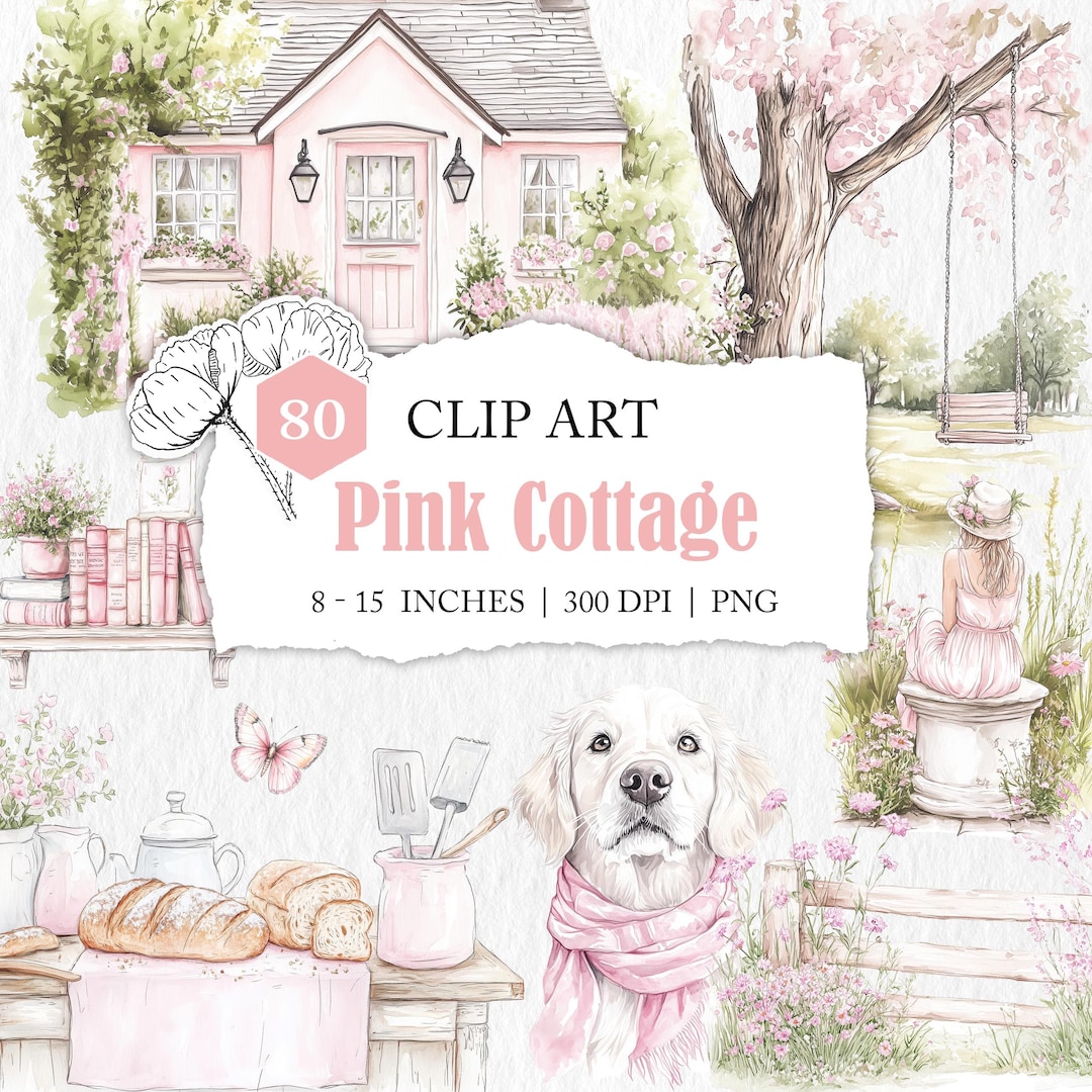 Pink Cottage Clip Art, Cute Cottagecore Graphic Elements, Pink Country ...