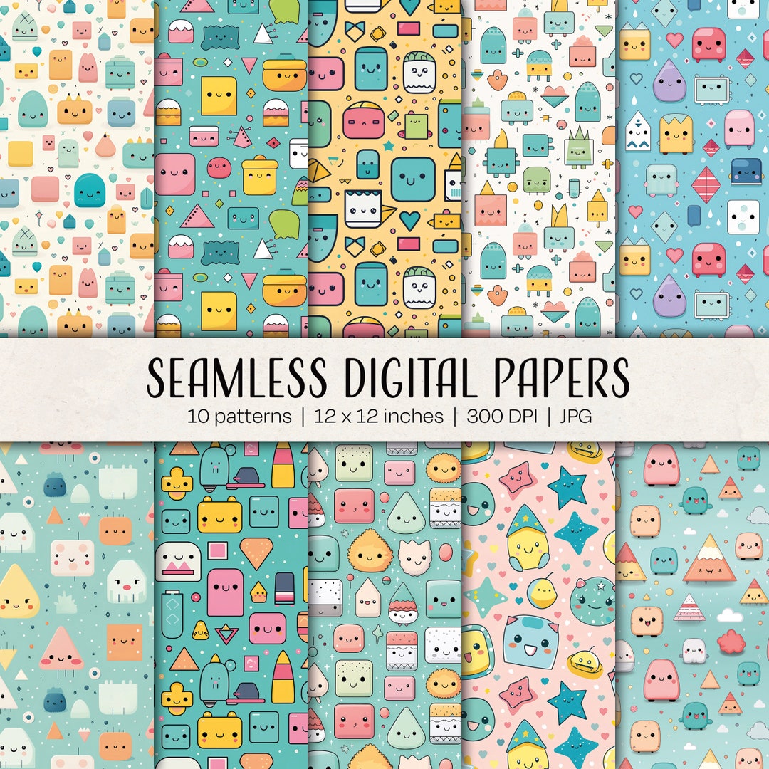Kawaii Geometric Shapes Pattern, Kawaii Digital Papers, Japanese Kawaii ...