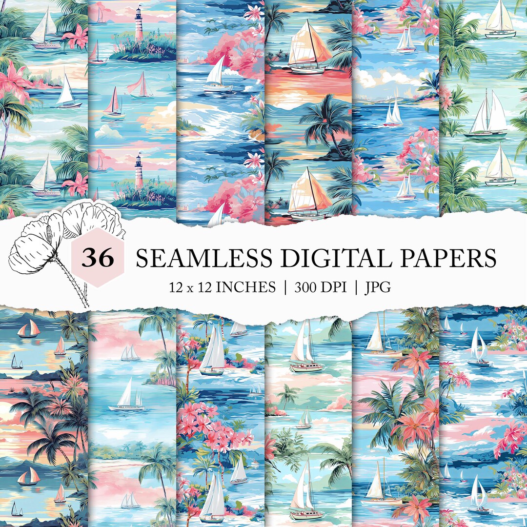 Watercolour Sailing Background, Tropical Beach Digital Papers, Seamless ...