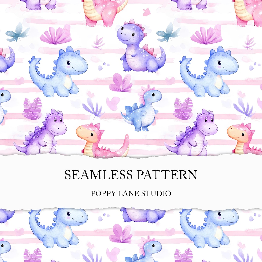 Purple Dino Seamless Pattern, Cute Colourful Dino Pattern, Watercolour ...