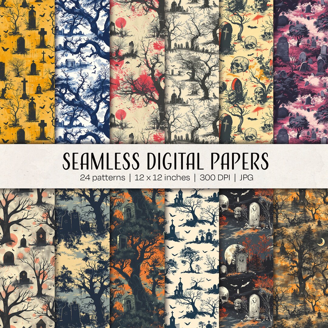 Seamless Haunted Cemetery Pattern, Graveyard Seamless Background ...