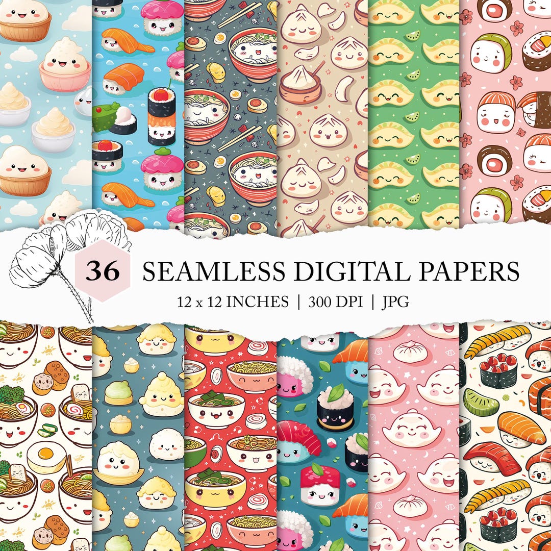 Cute Kawaii Food Pattern, Sushi Seamless Paper, Kawaii Dumpling Digital ...