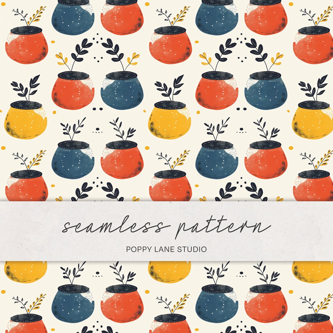 Cute Plant Pot Pattern, Flower Pot Digital Paper, Blue Yellow Red ...