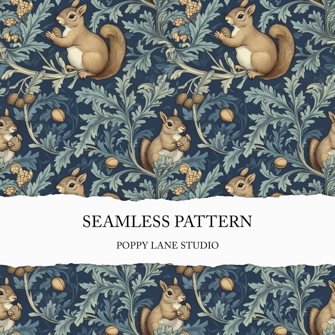Arts & Crafts Squirrel Seamless Pattern, Vintage Fabric Pattern, Blue ...