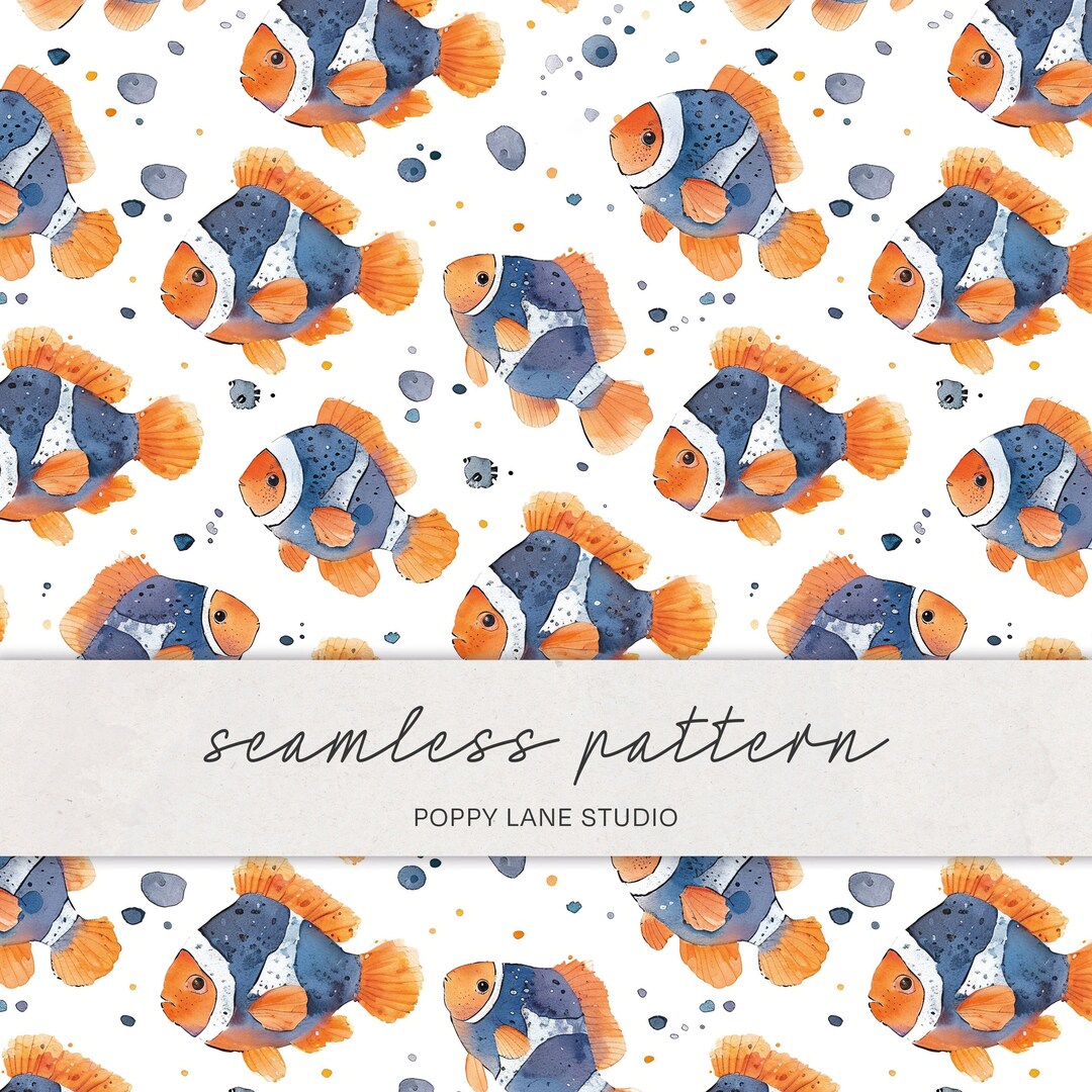 Watercolour Clownfish Background, Blue Orange Clownfish, Seamless ...