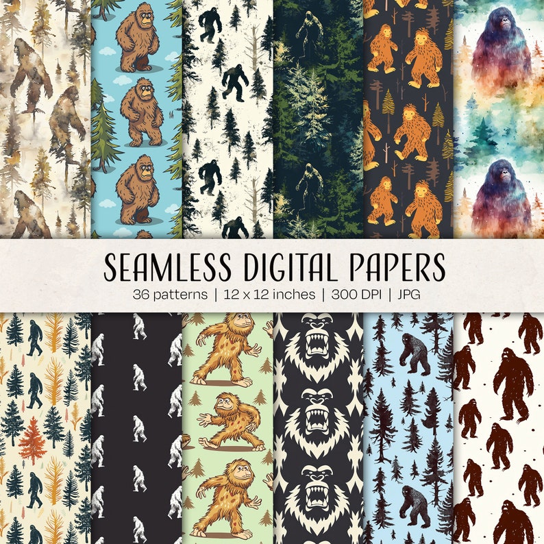 Bigfoot Pattern, Bigfoot Digital Paper, Yeti, Sasquatch Seamless ...