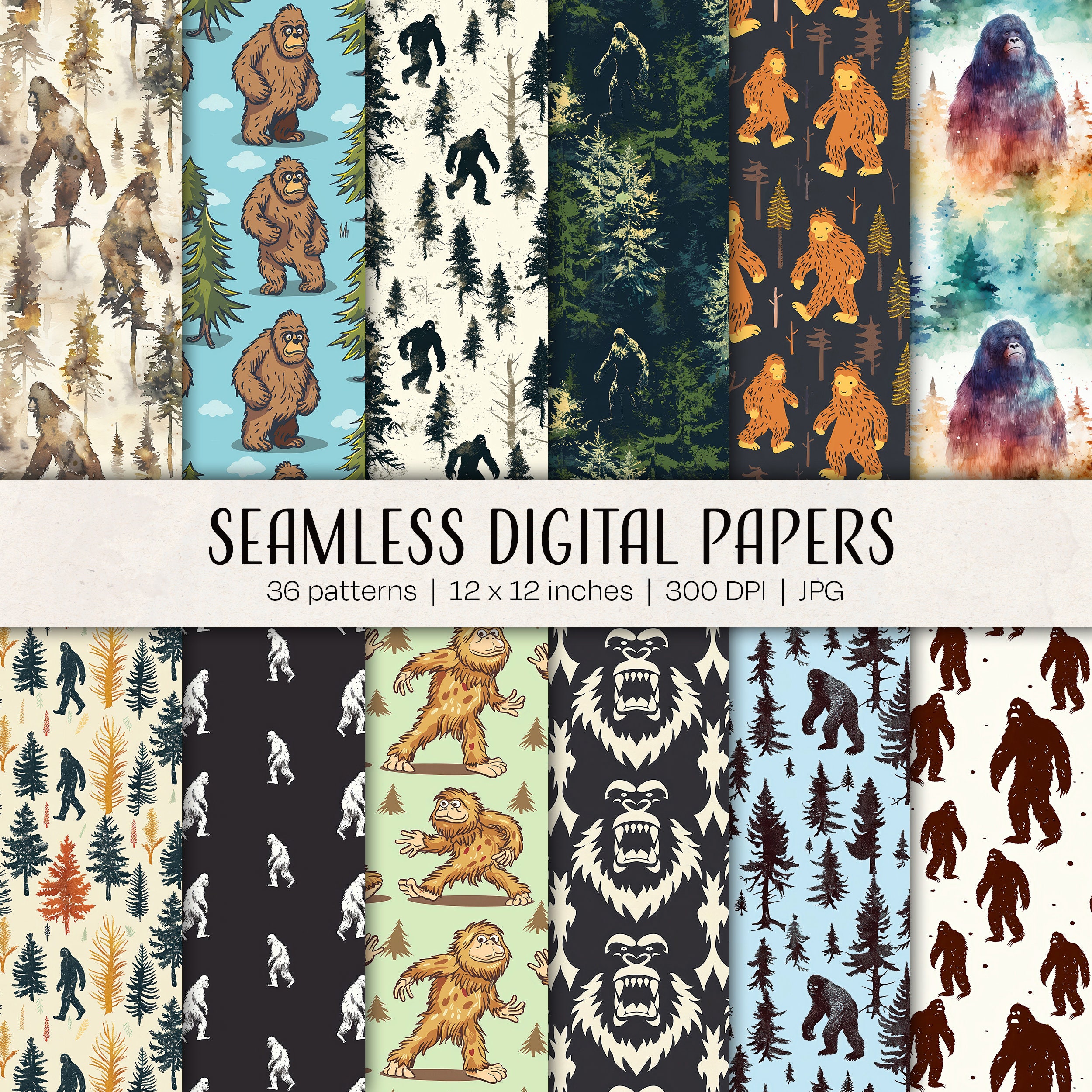Bigfoot Pattern, Bigfoot Digital Paper, Yeti, Sasquatch Seamless ...